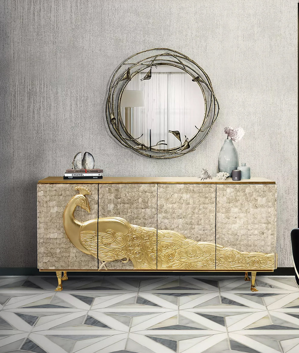 Golden Peacock Sideboard - Natural Wood Gold Accents Buffet India ...