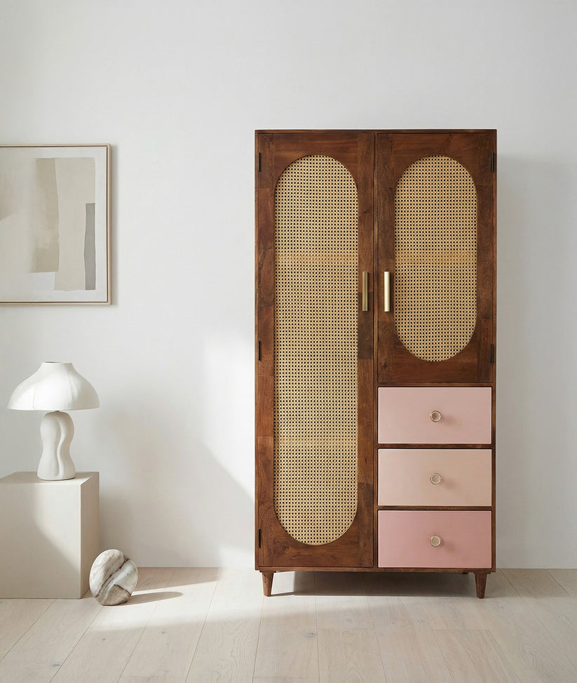 Rattan Solid Wood Wardrobe - Mango Wood Cane Wardrobe India – Lakkadhaara