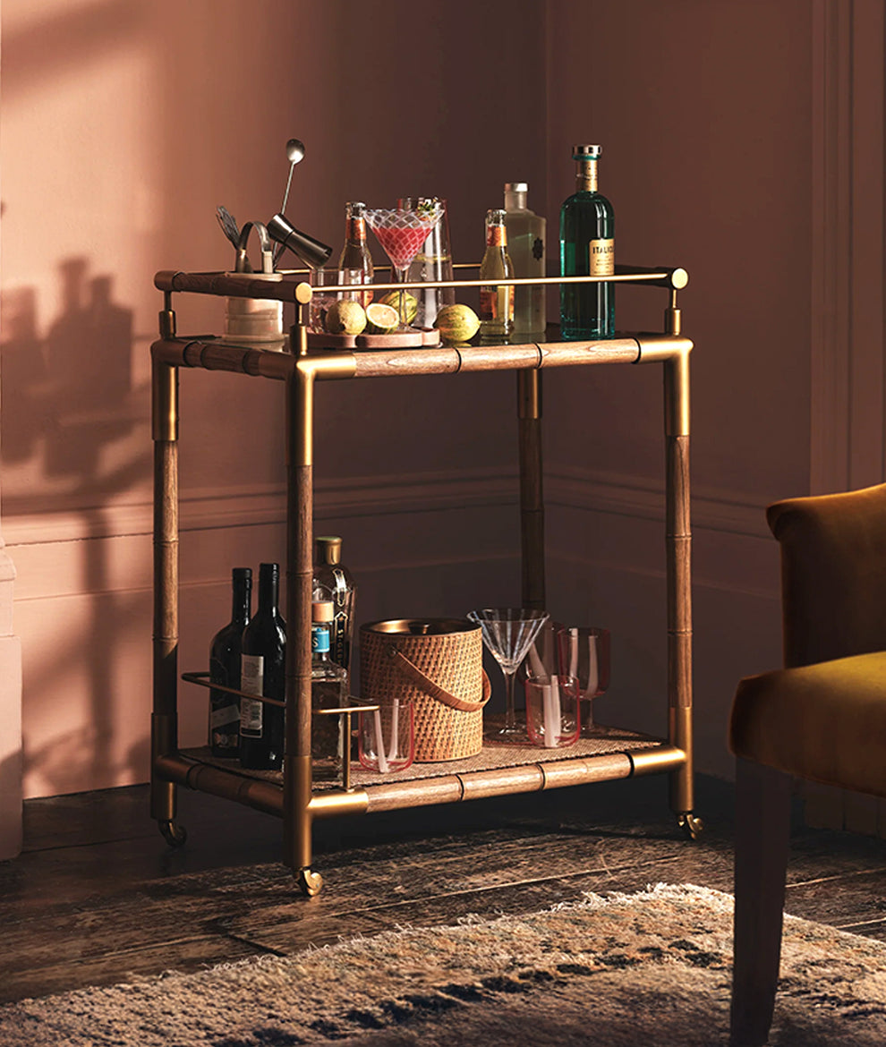 Stonehill Drinks Cart - Mango Wood Rattan Bar Cart India – Lakkadhaara