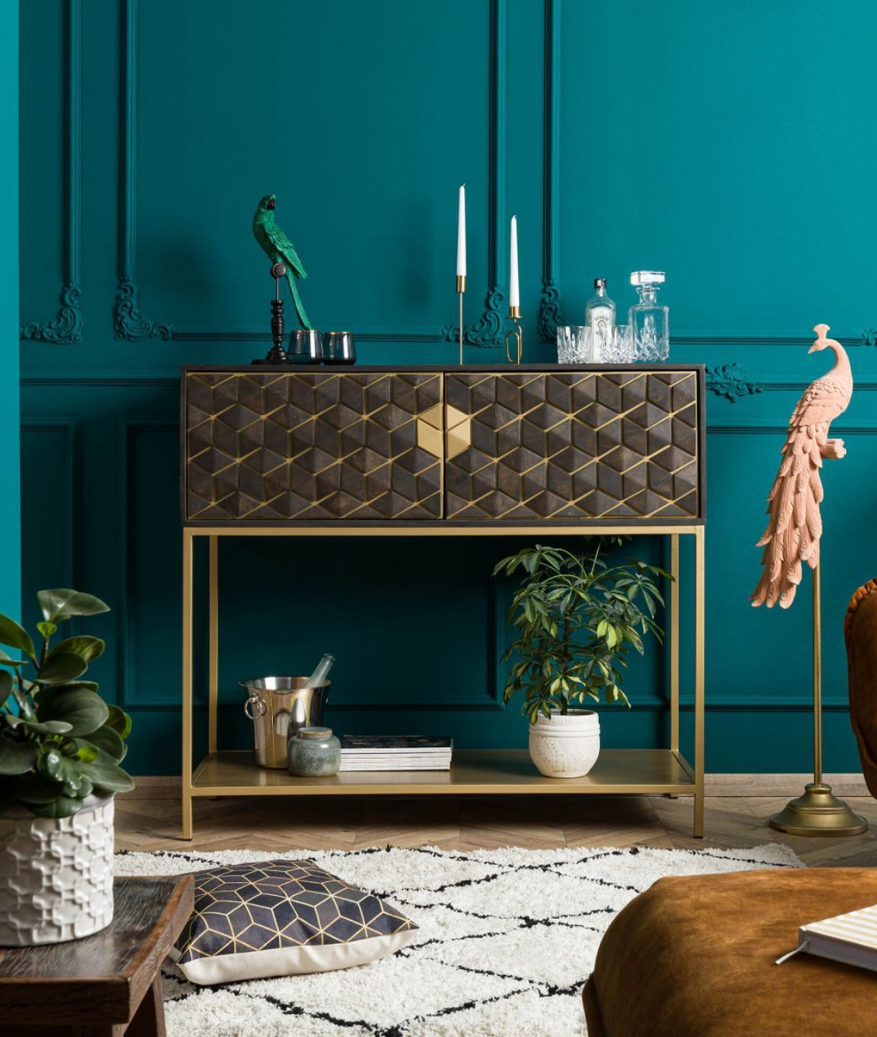 Diamond Mini Bar Cum Console - Walnut & Gold Bar Cabinet India ...