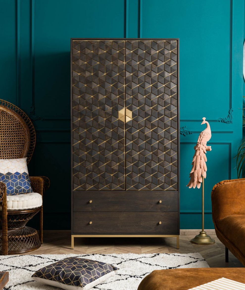 Diamond Wardrobe - Walnut & Golden Mango Wood Wardrobe India – Lakkadhaara